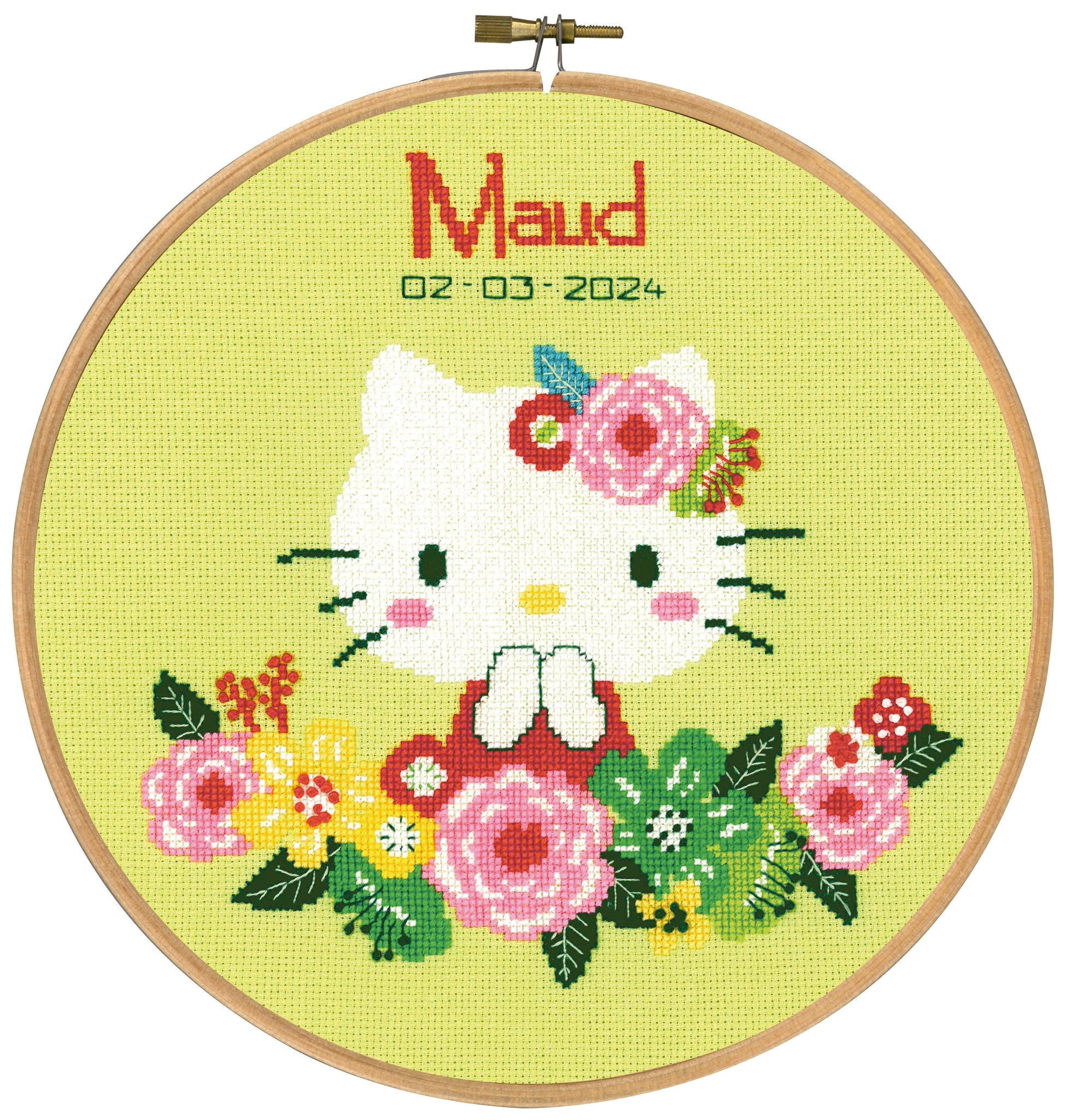 Counted Cross Stich Kit with Hoop ~ Hello Kitty Green Floral – Cotton ...